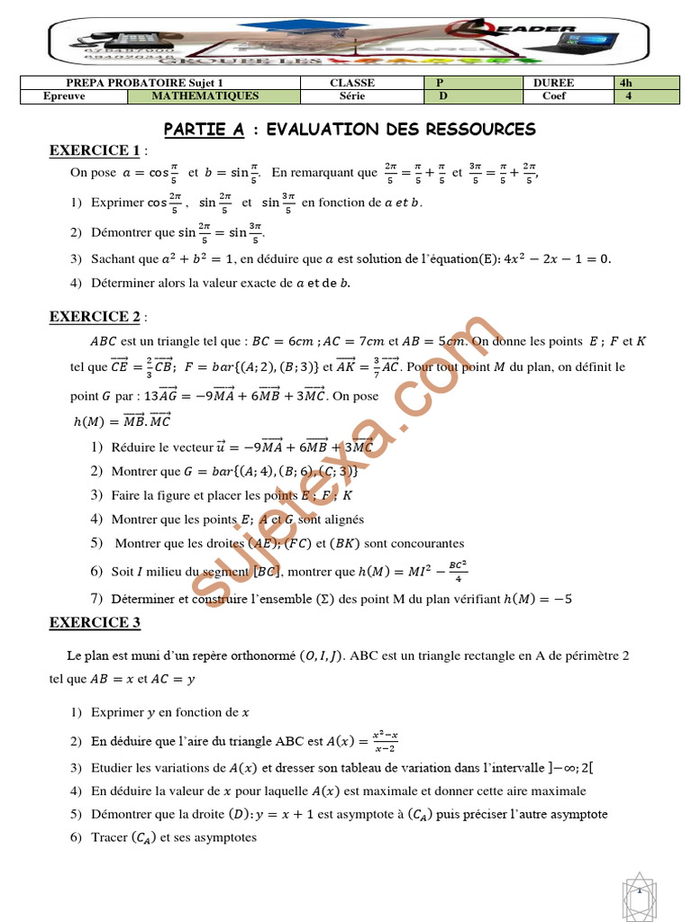 Mathematiques - Prepa Probatoire - Premiere D - Cameroun | PDF
