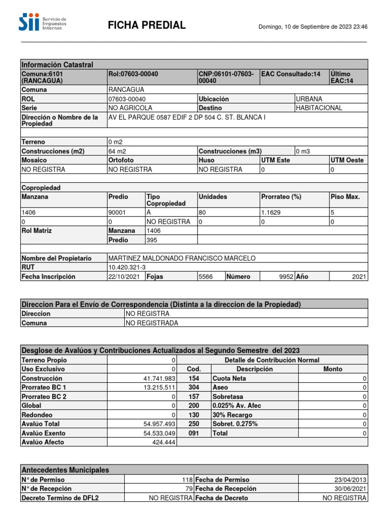 Ficha Predial: Información Catastral | PDF