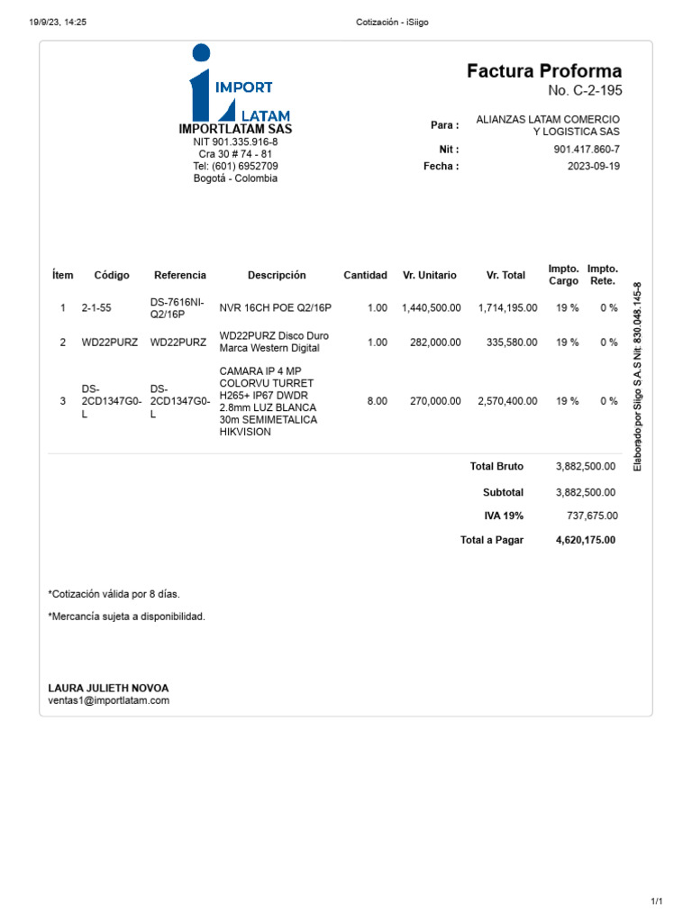 Proforma C-2-195 Alianzas Latam Comercio y Logistica Sas | PDF