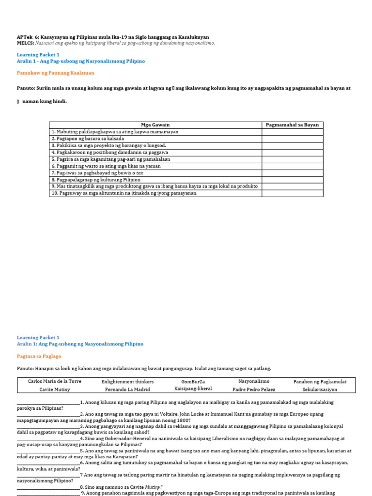 Learning Packet in Sibika Grade 6 | PDF
