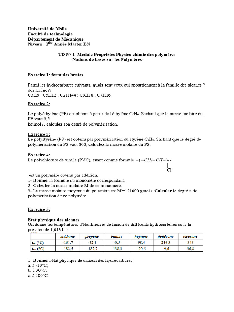 TD #1 Module Propriétés Physico Chimie Des Polymères 2017 | PDF