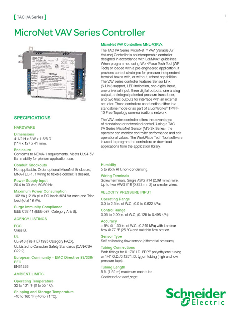 MicroNet VAV Controllers MNL-V3RVx Datasheet F-26366-8 | PDF ...