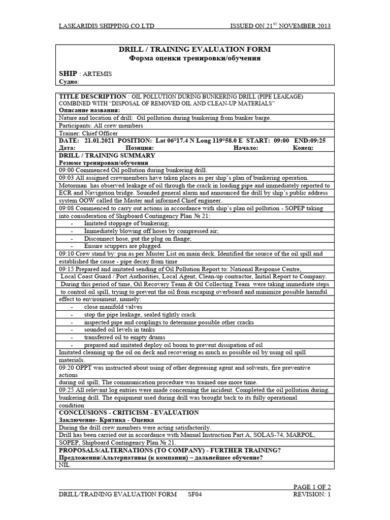 SF04 (DRILL TRAINING EVAL FORM) REV1 Oil Pollution During Bunkering Drill 21.01.2021 | PDF | Oil ...