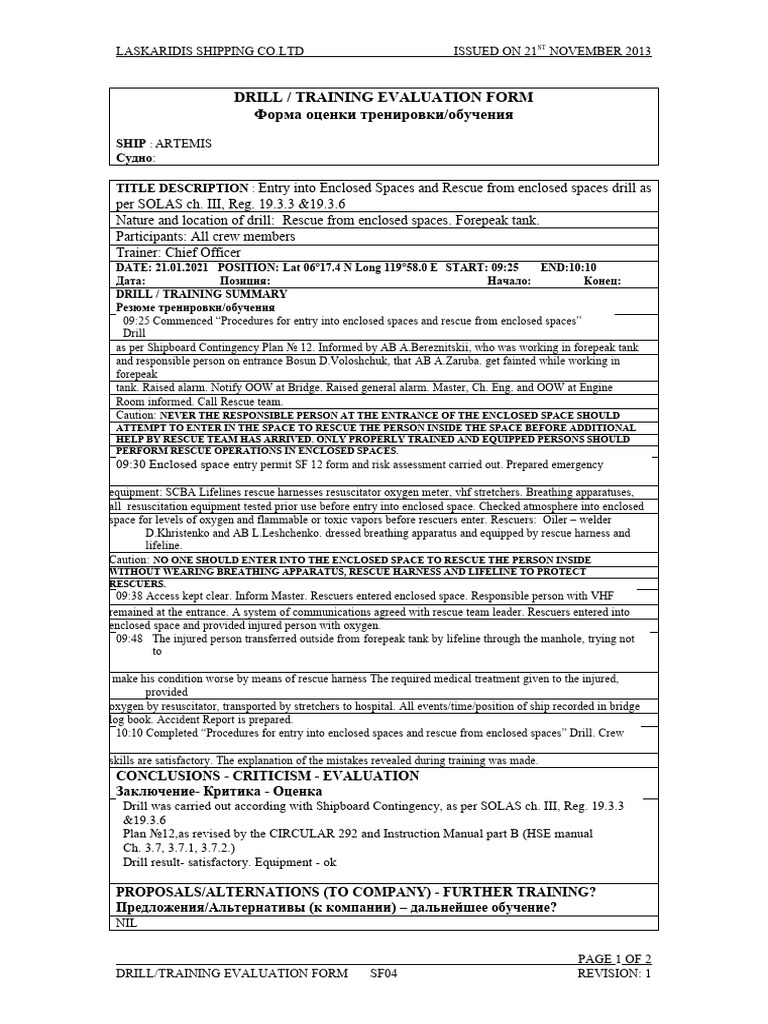 SF04 (DRILL TRAINING EVAL FORM) REV1 Procedures For Entry Into Enclosed ...