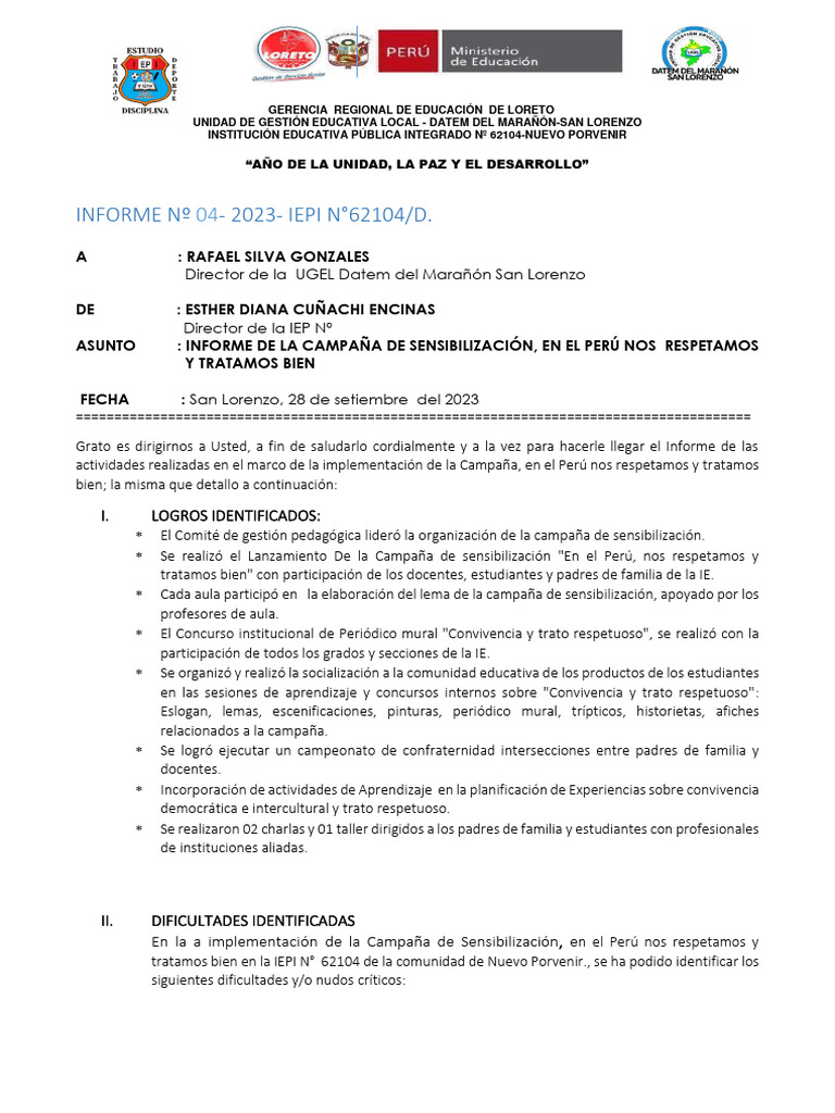 Informe Final de La Campaña en El Peru Nos Respetamos y Tratamos Bien. | PDF