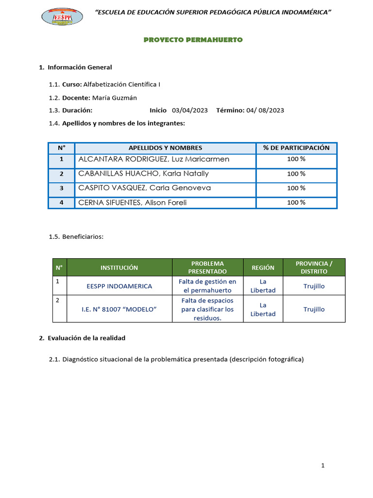 Karla Cabanillas - ESTRUCTURA PROYECTO ALFABETIZACION CIEN 2023 | PDF