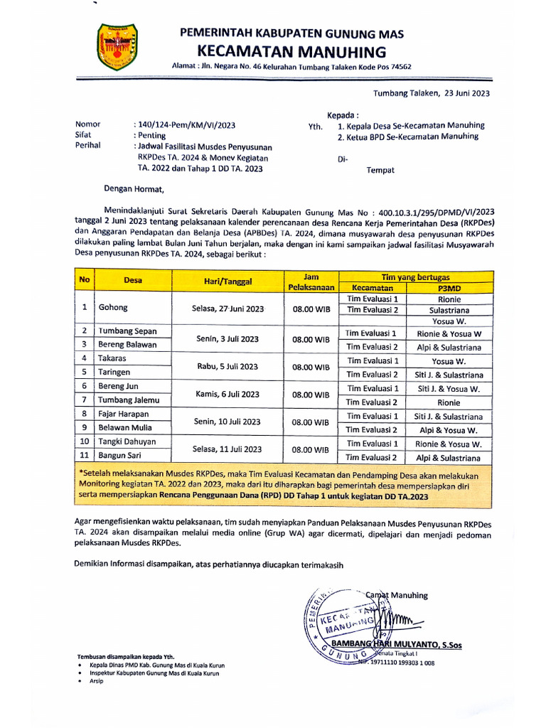 Surat Fasilitasi Musdes Penyusunan RKPDes Dan Monev Tahun 2023 | PDF
