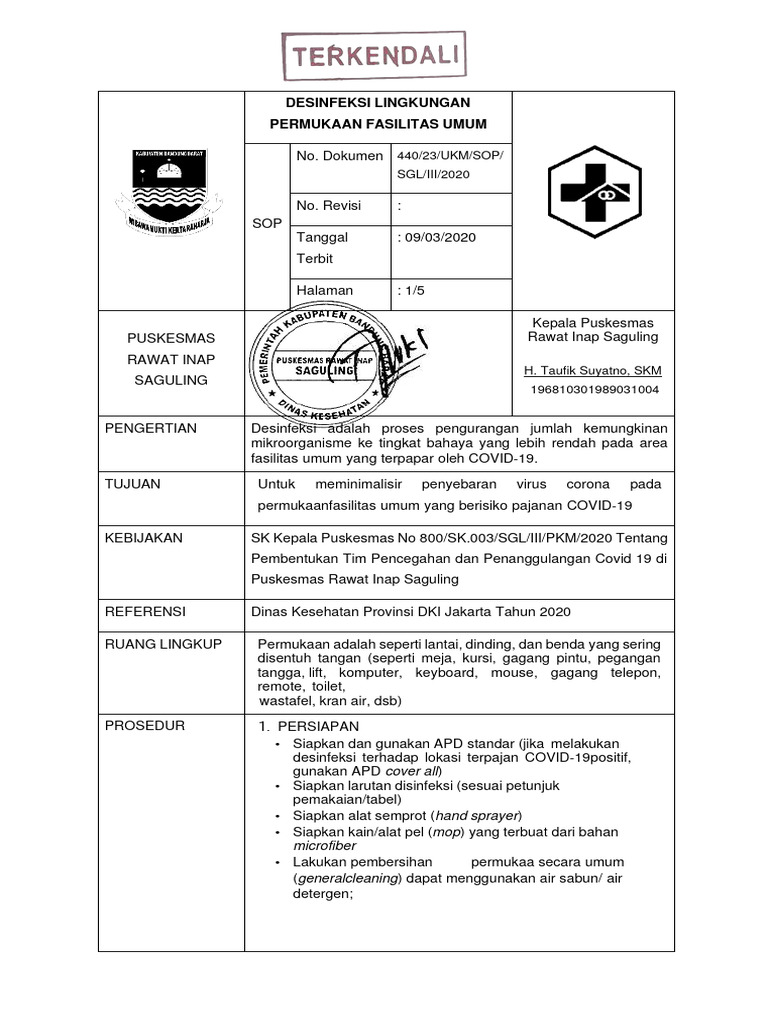 Sop Desinfeksi Lingkungan Permukaan Fasilitas Umum - Copy Terkendali | PDF