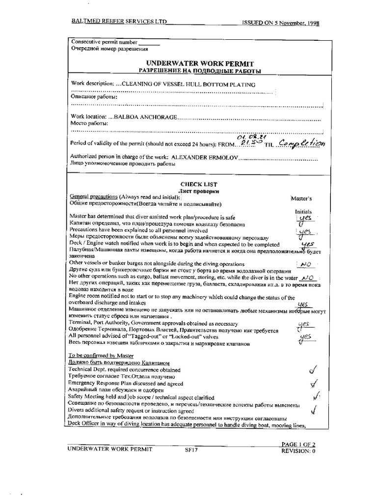 SF 17 Underwater Work Permit Hull Cleaning at Balboa Anchorage 01082021 ...