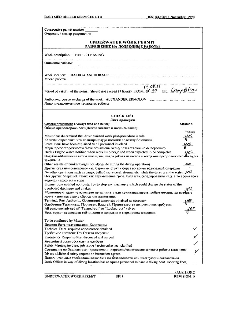 SF 17 Underwater Work Permit Hull Cleaning at Balboa Anchorage 03082021 ...