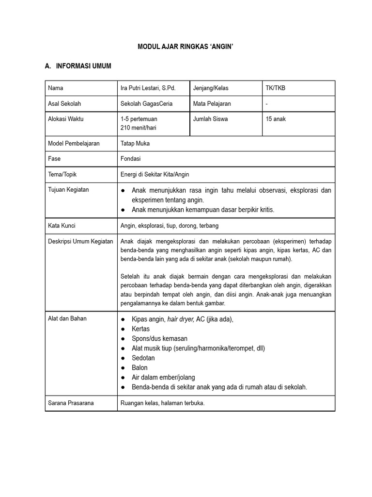 Modul Ajar Ringkas_Angin Dan Cahaya.docx | PDF