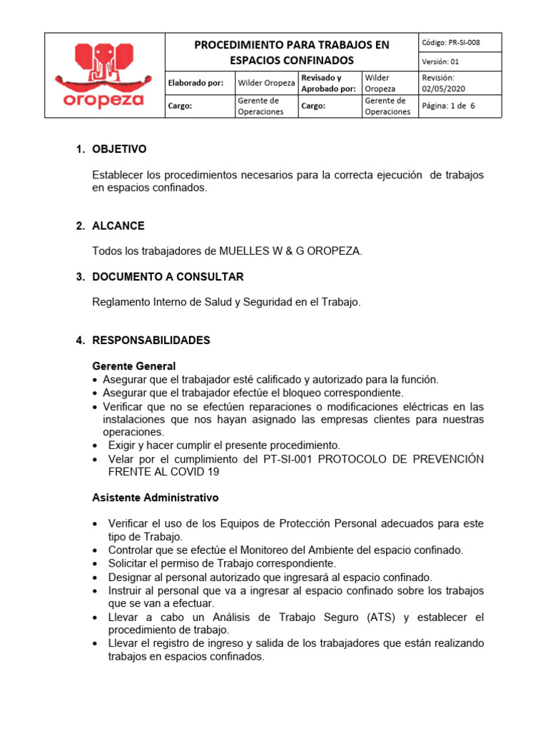 PR-SI-008 Procedimiento para Trabajos en Espacios Confinados | PDF | Tecnología
