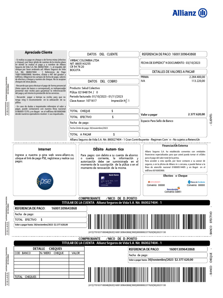 Apreciado Cliente: Datos Del Cliente REFERENCIA DE PAGO: 16001309643868 ...