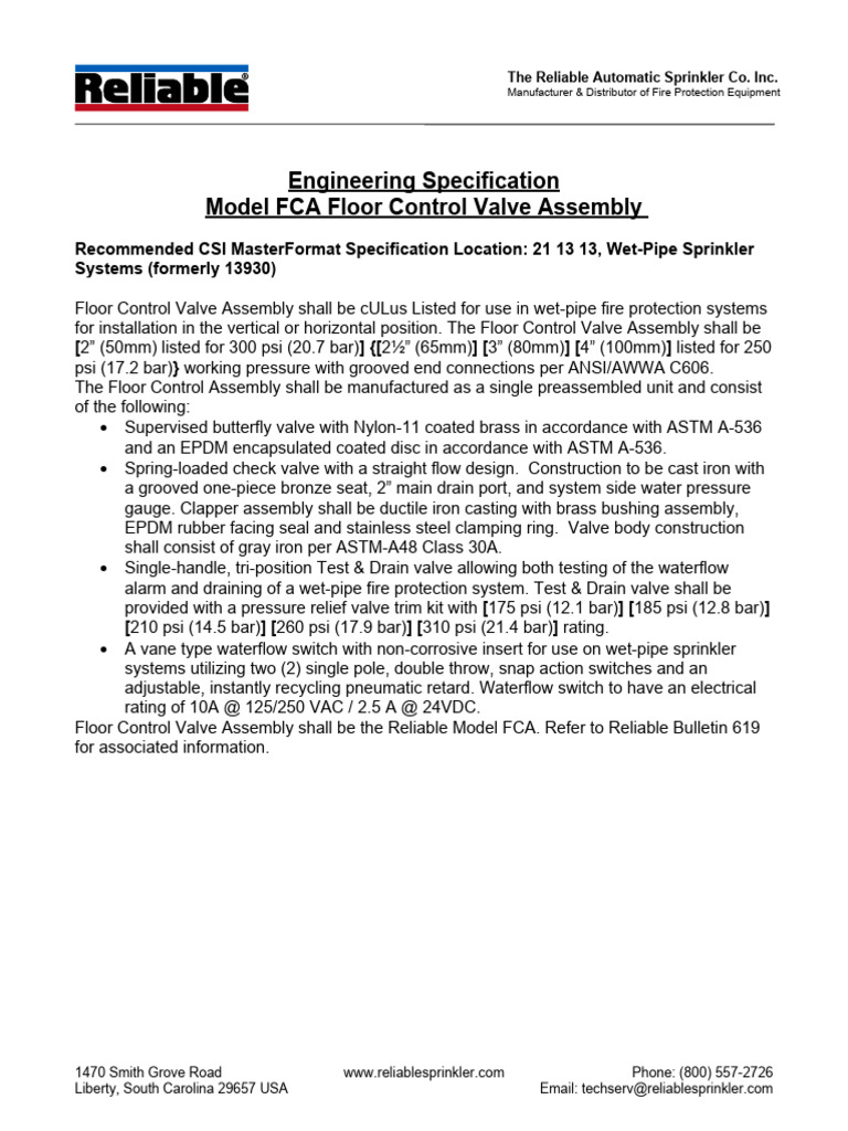 Model FCA Floor Control Valve Assembly Specification | PDF