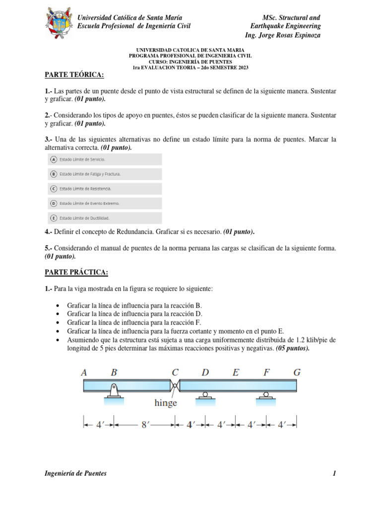 Examen de 1ra Fase de Ingeniería de Puentes - 2do SEM 2023 | PDF