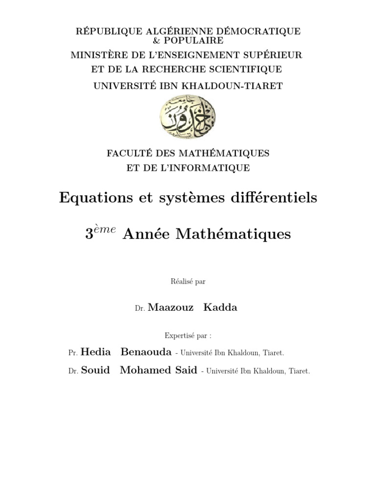 Cours-Maths 3. CHAPITRE 3. Equations Différentielles | PDF