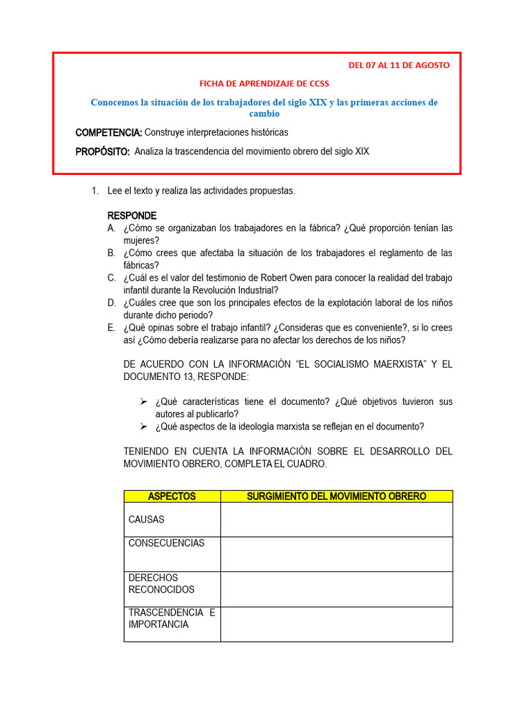 Ficha de Aprendizaje CCSS Del 07 Al 11 de Agosto | PDF