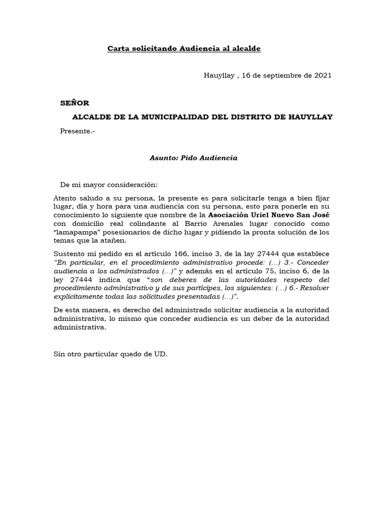 Carta Solicitando Audiencia Al Alcalde Pdf