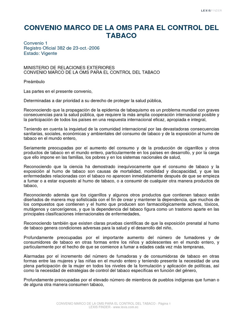 CVN No. 1 CONVENIO MARCO DE LA OMS PARA EL CONTROL DEL TABACO | PDF