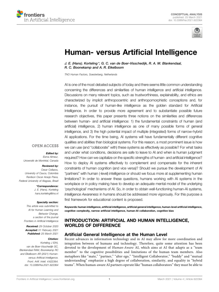 Frontiers - Human Vs Artificial Inteligence | PDF | Intelligence (AI) & Semantics | Artificial ...