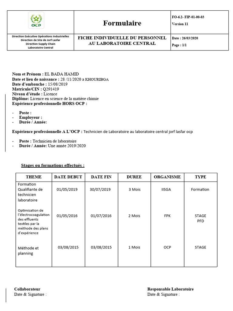 Fiche Individuelle Du Personnel - OCP | PDF