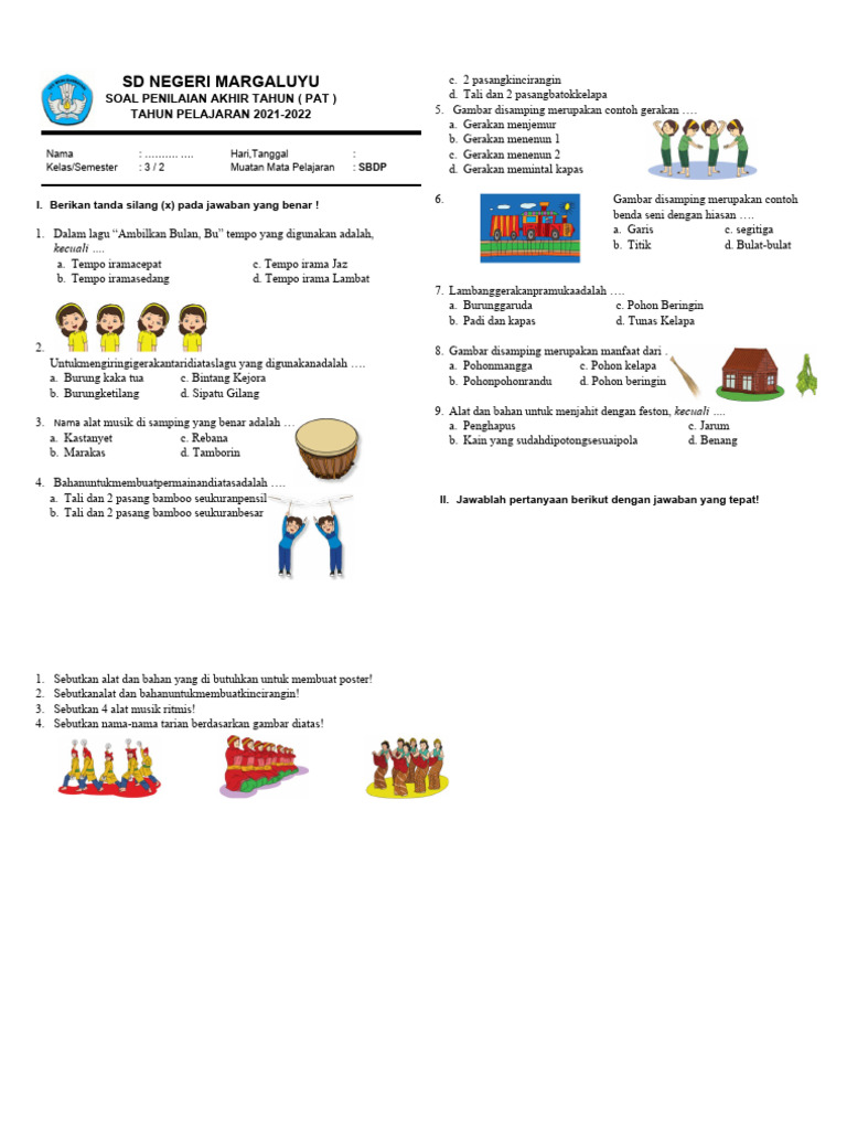 Soal PAT SBDP Kelas 3 SD 2021-2022 | PDF