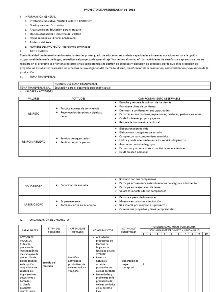 Proyecto De Aprendizaje 1º Grado Pdf