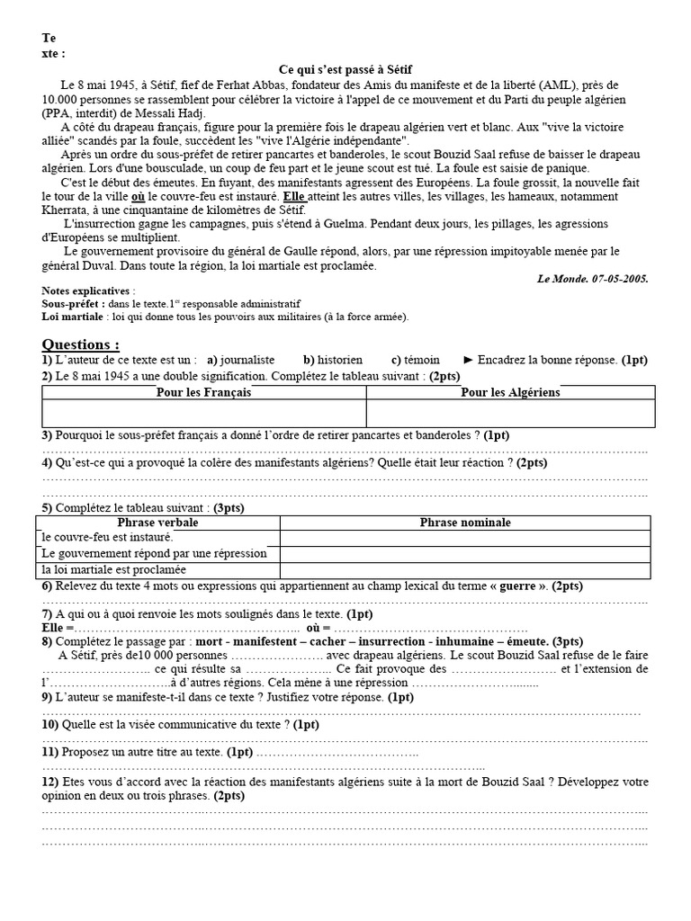 3 LPH-Devoir 1 Ce Qui S'est Passé À Sétif 2022.docx Version 1 | PDF | Conflits