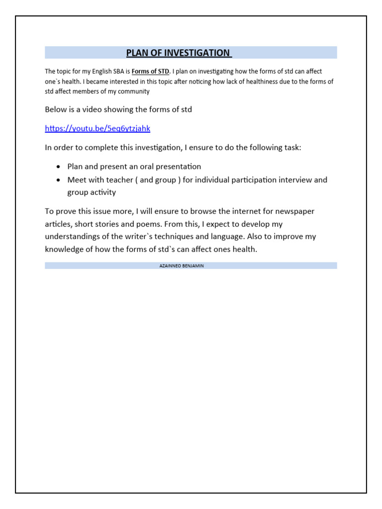 ENGLISH SBA. Plan of Investigation | PDF