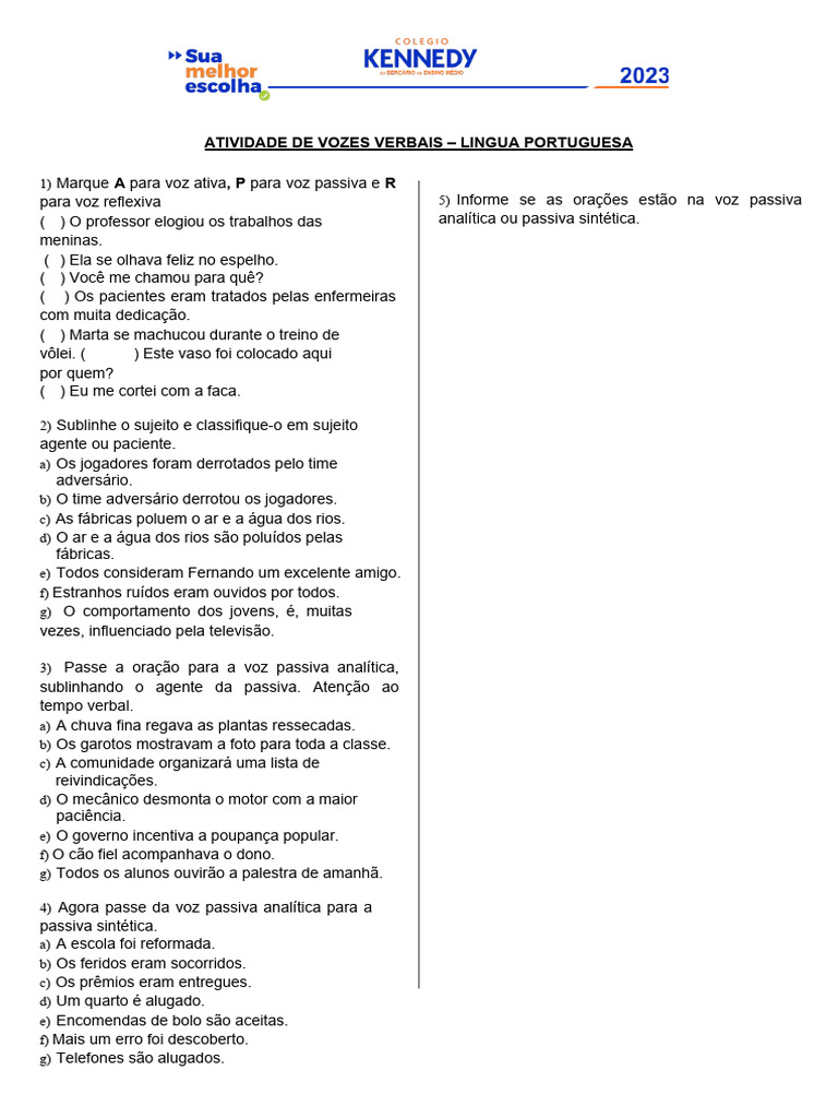 Exerc. Vozes Verbais 8 Ano | PDF