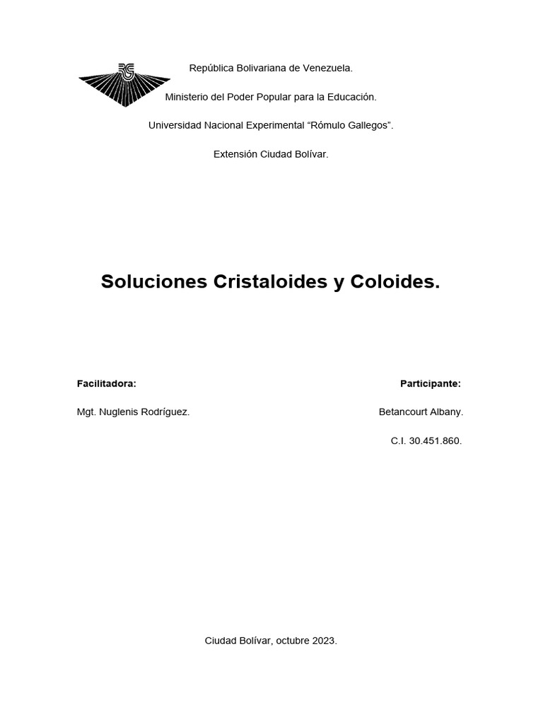 Soluciones Coloides y Cristaloides | PDF | Ciencia y matemáticas Soluciones Coloides y Cristaloides | PDF | Ciencia y matemáticas