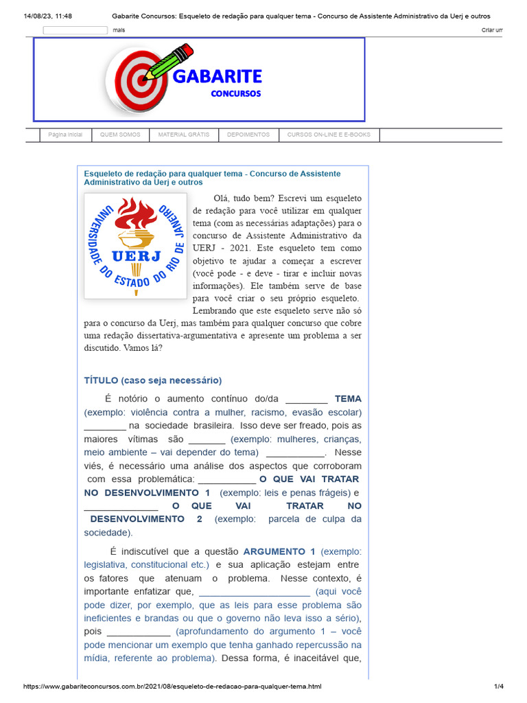 Gabarite Concursos - Esqueleto de Redação para Qualquer Tema | PDF