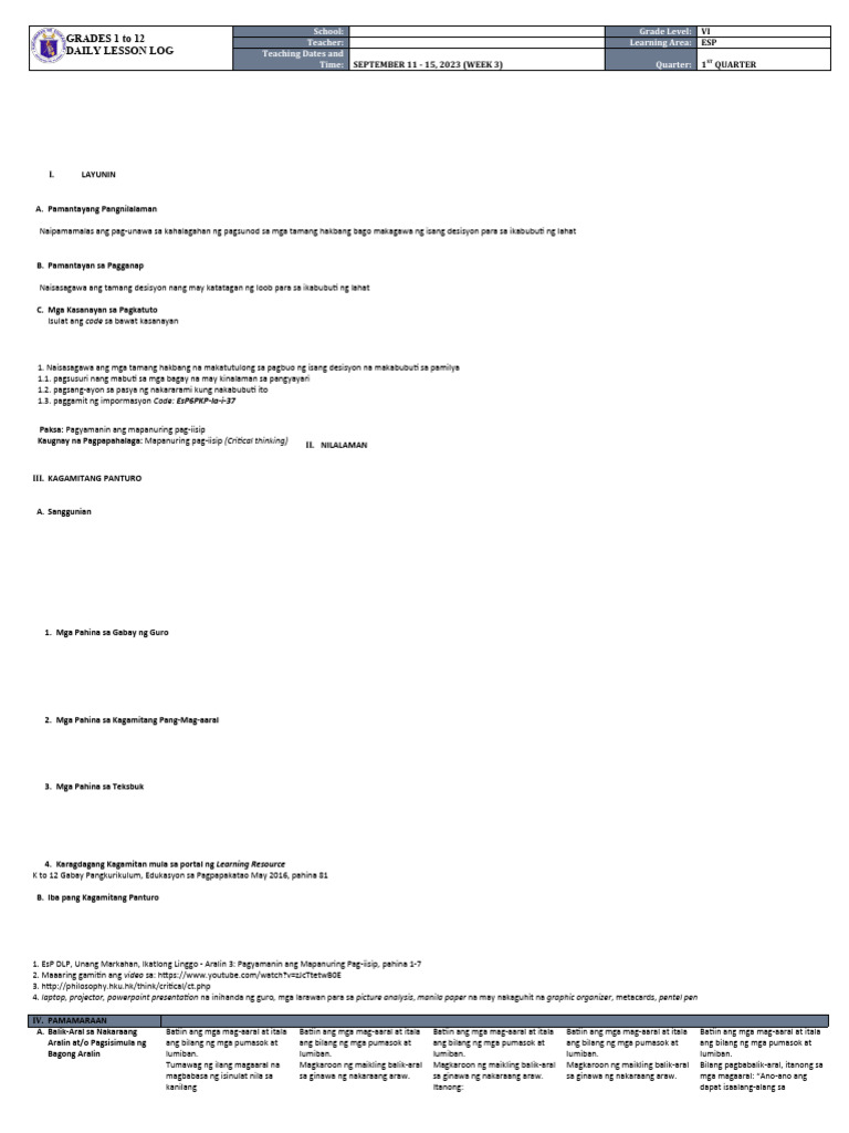 DLL - Edukasyon Sa Pagpapakatao 6 - Q1 - W3 | PDF