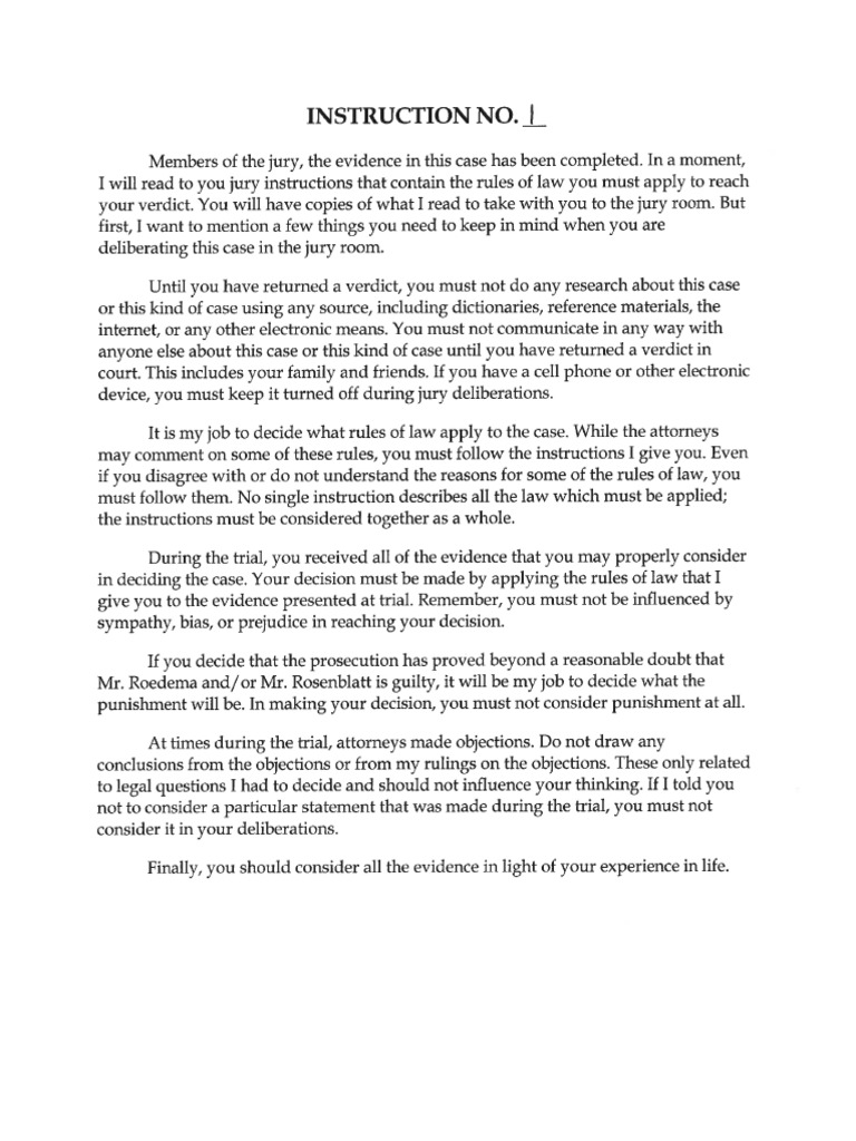 Jury instructions for trial of Randy Roedema and Jason Rosenblatt in ...