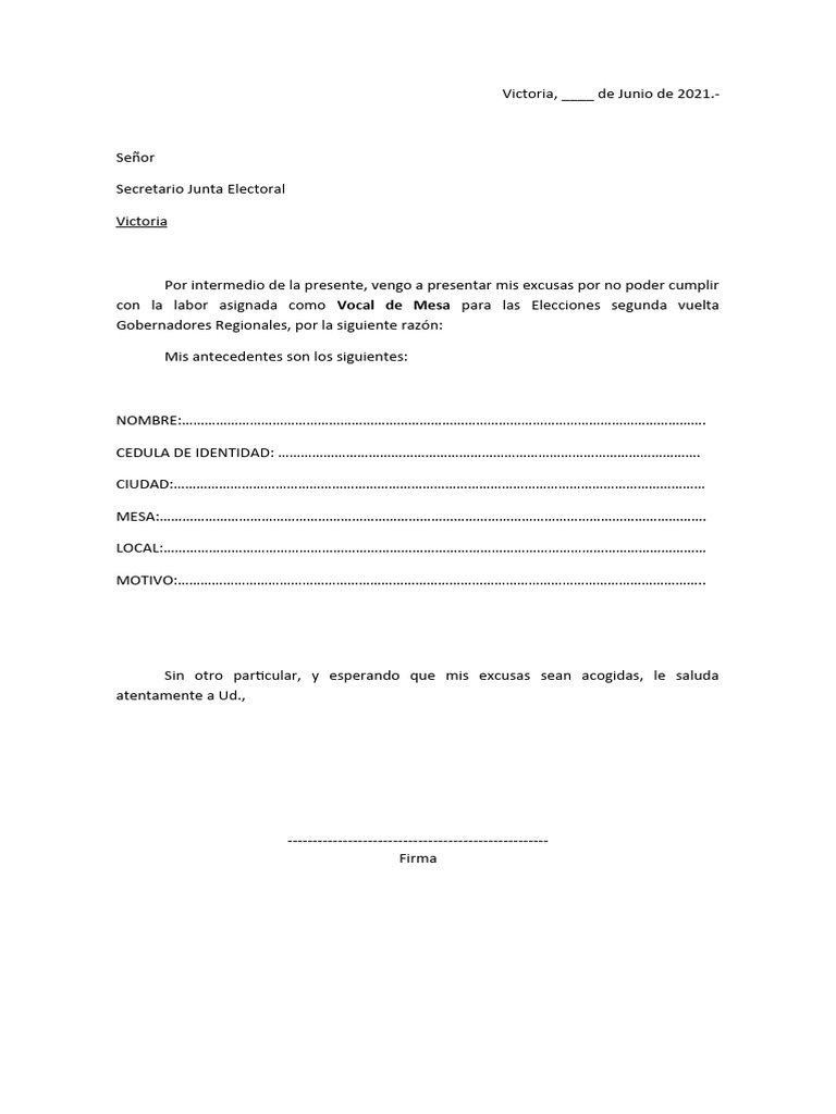 Carta Excusa Vocales de Mesa | PDF | Juegos y actividades | Hogar ...