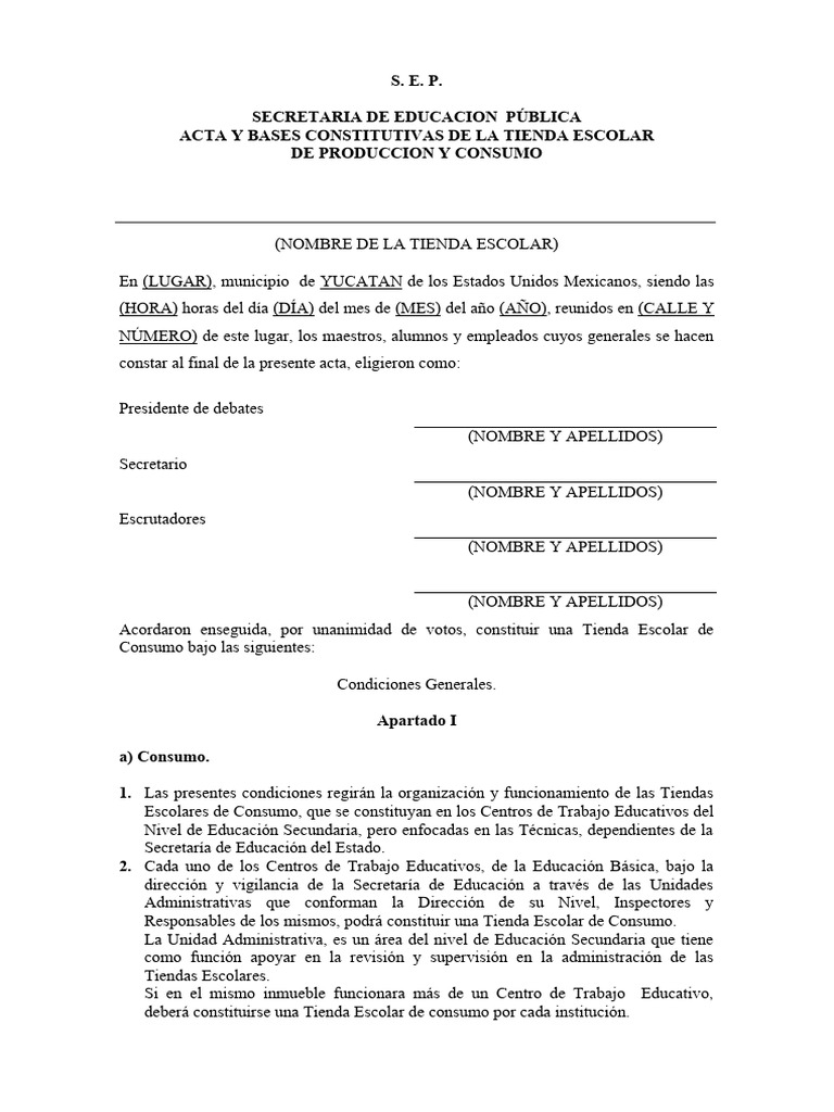 Contraloría Escolar. Acta y Bases Constitutivas de La Tienda Escolar | PDF