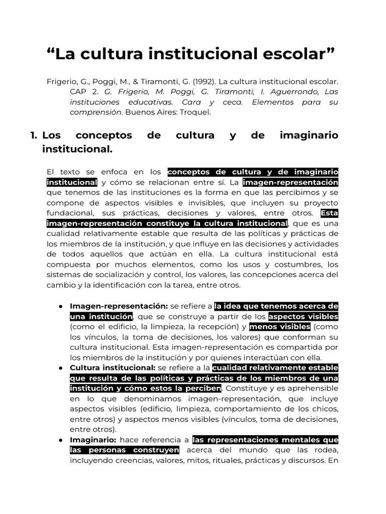 Resumen La cultura institucional escolar (Frigerio et al Cara y Ceca) | PDF