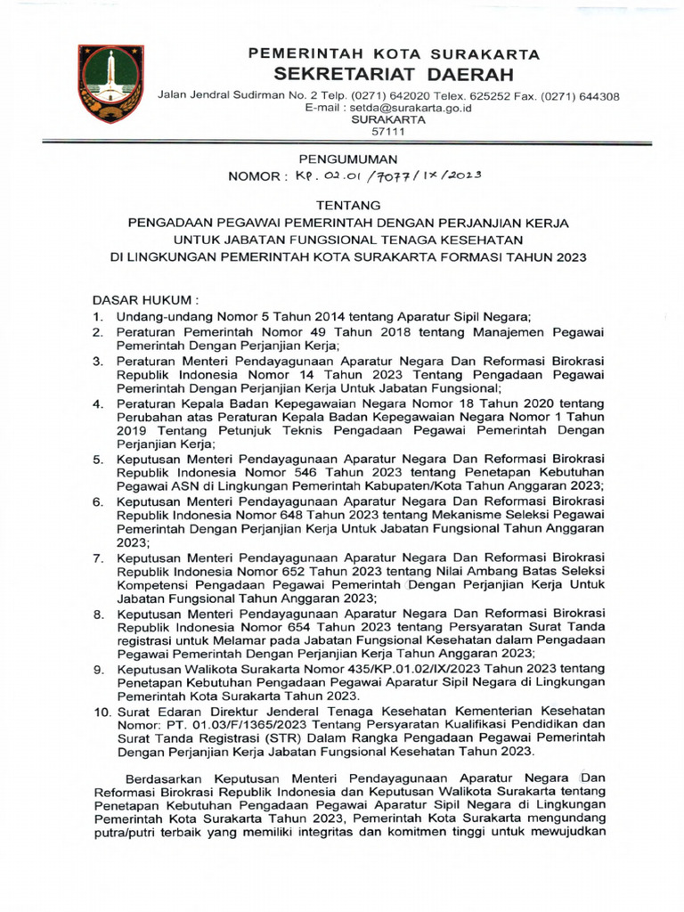 Pengumuman Pengadaan Pppk Nakes Formasi Tahun 2023 Pemerintah Kota