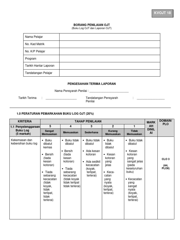 KVOJT18 (Penilaian Buku Log Dan Laporan OJT) | PDF
