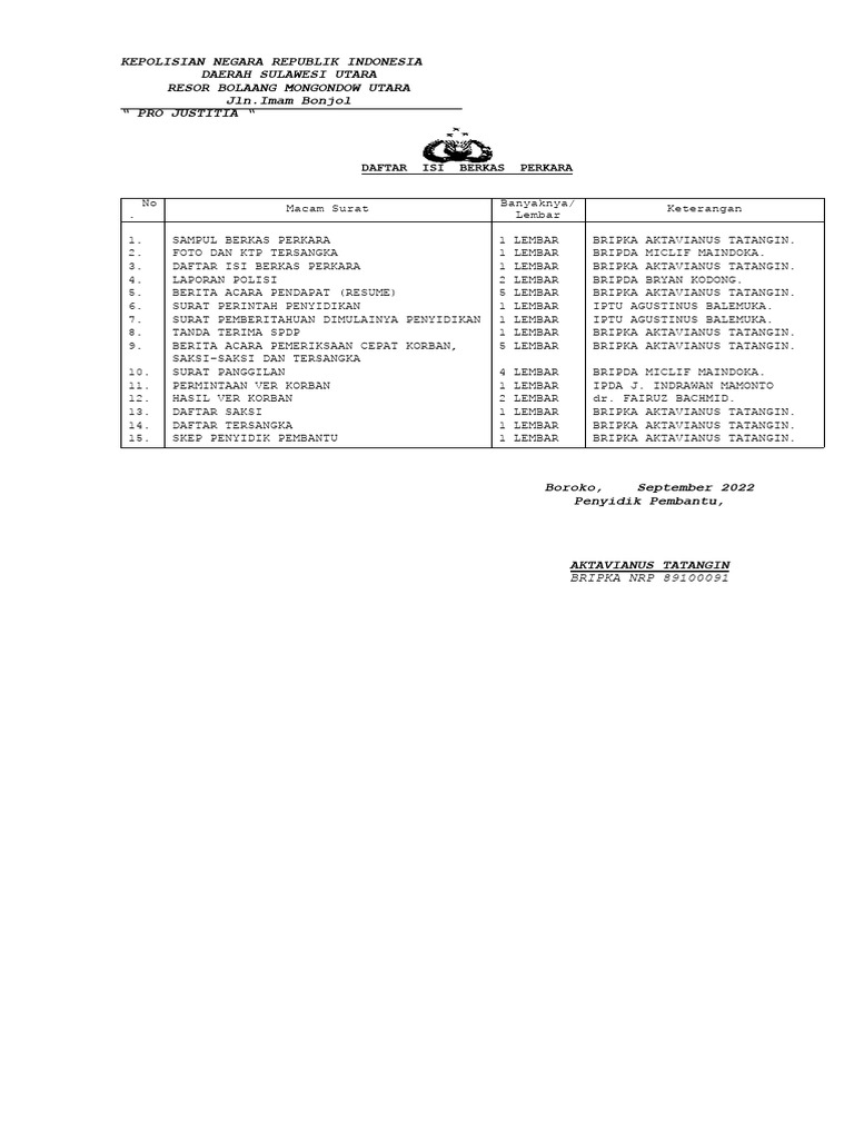 Daftar Isi Berkas Perkara | PDF