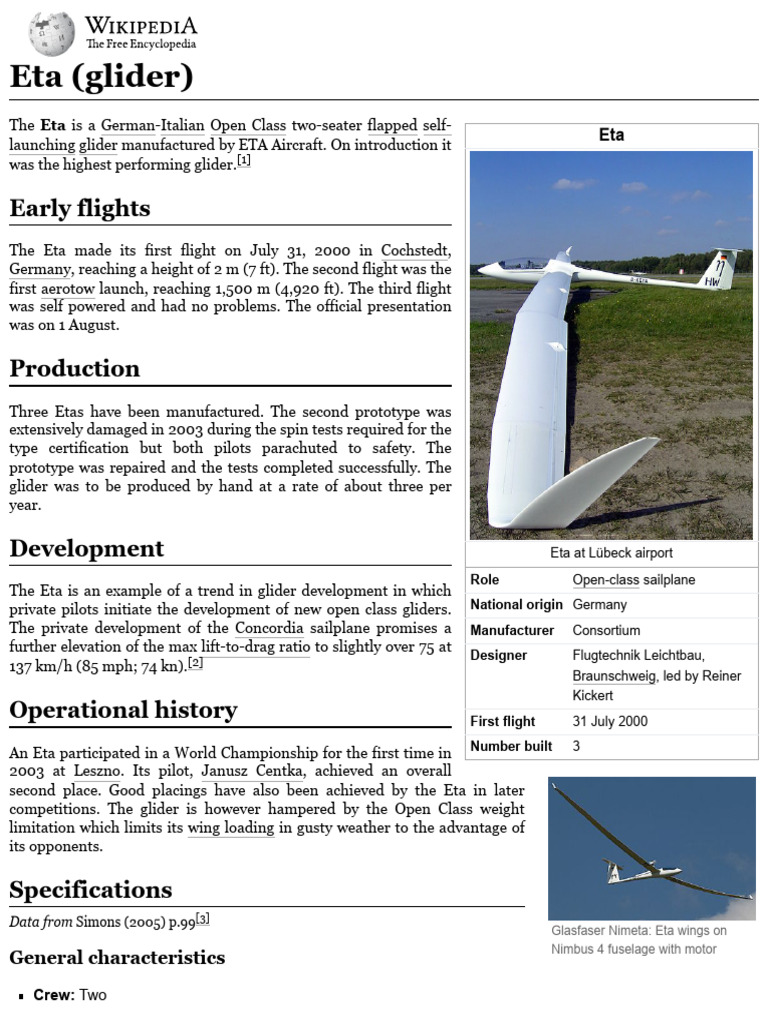 Eta (Glider) - Wikipedia | PDF | Vehicles | Flight