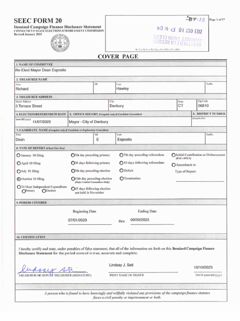 Re-Elect Mayor Esposito SEEC 20 October 10 2023 | PDF