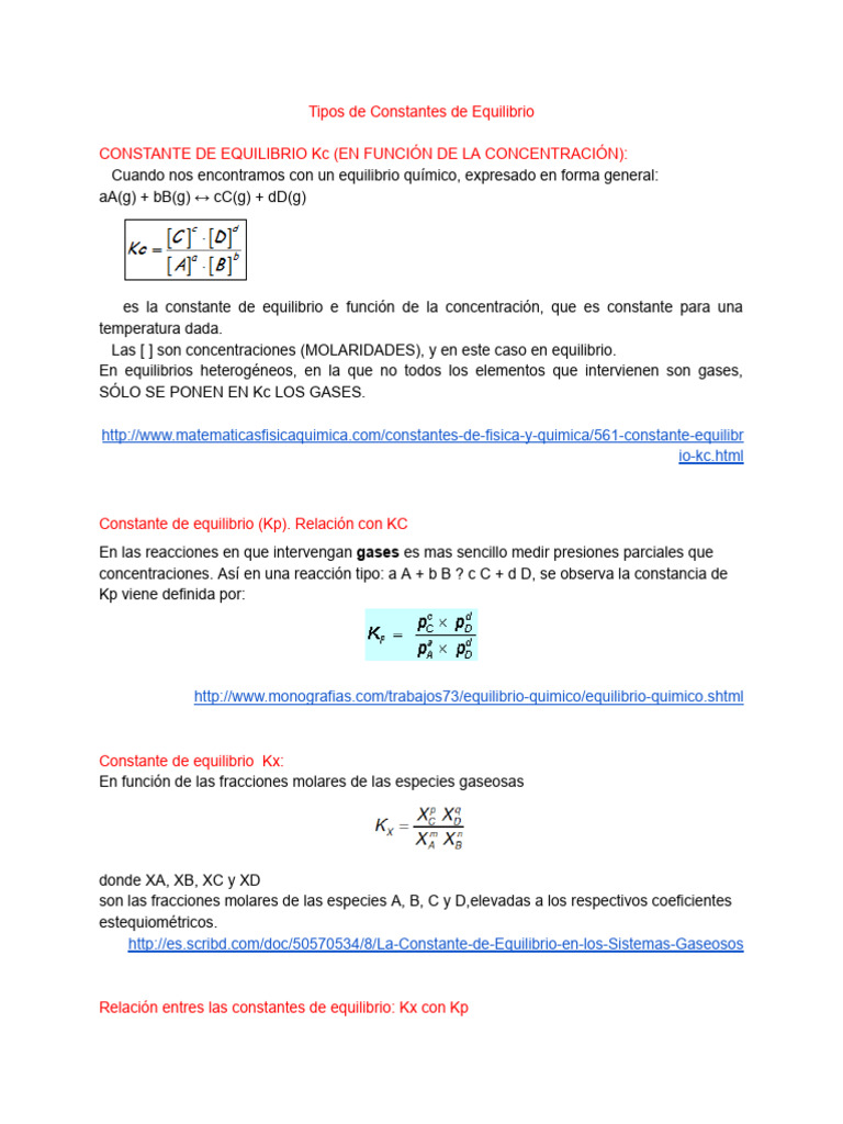 Tipos de Constantes de Equilibrio Químico | PDF | Métodos y materiales ...