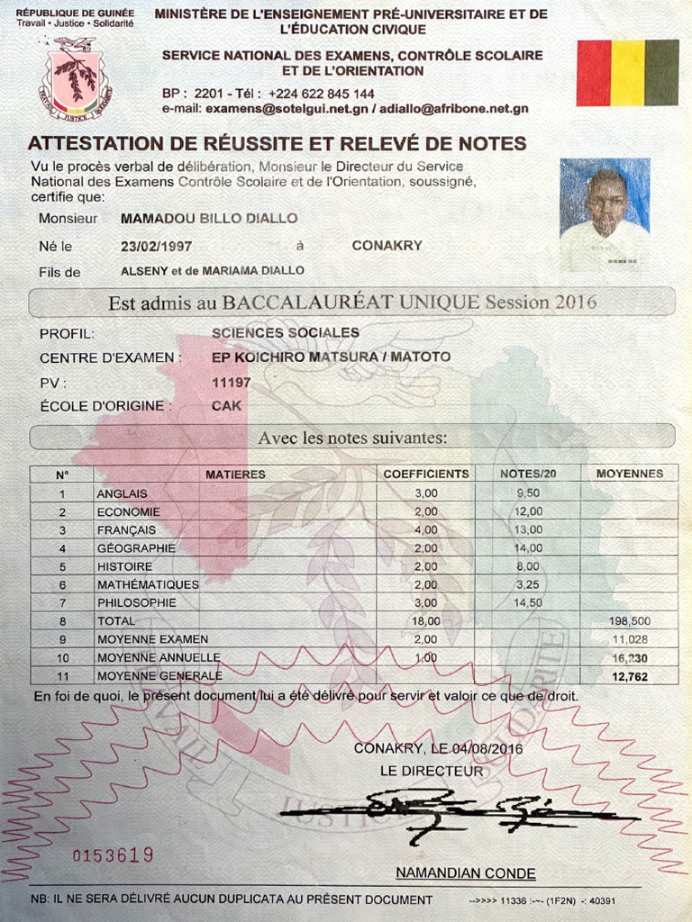 Relevé de Note Du Baccalauréat | PDF