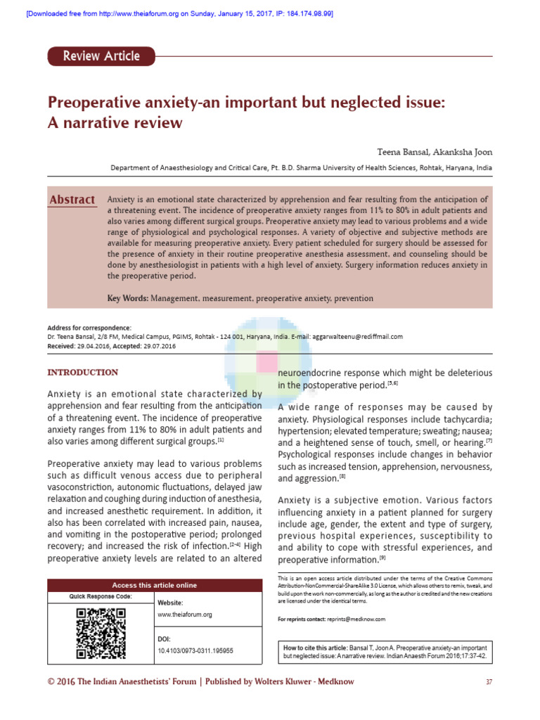 Preoperative Anxiety-An Important But Neglected Is | PDF
