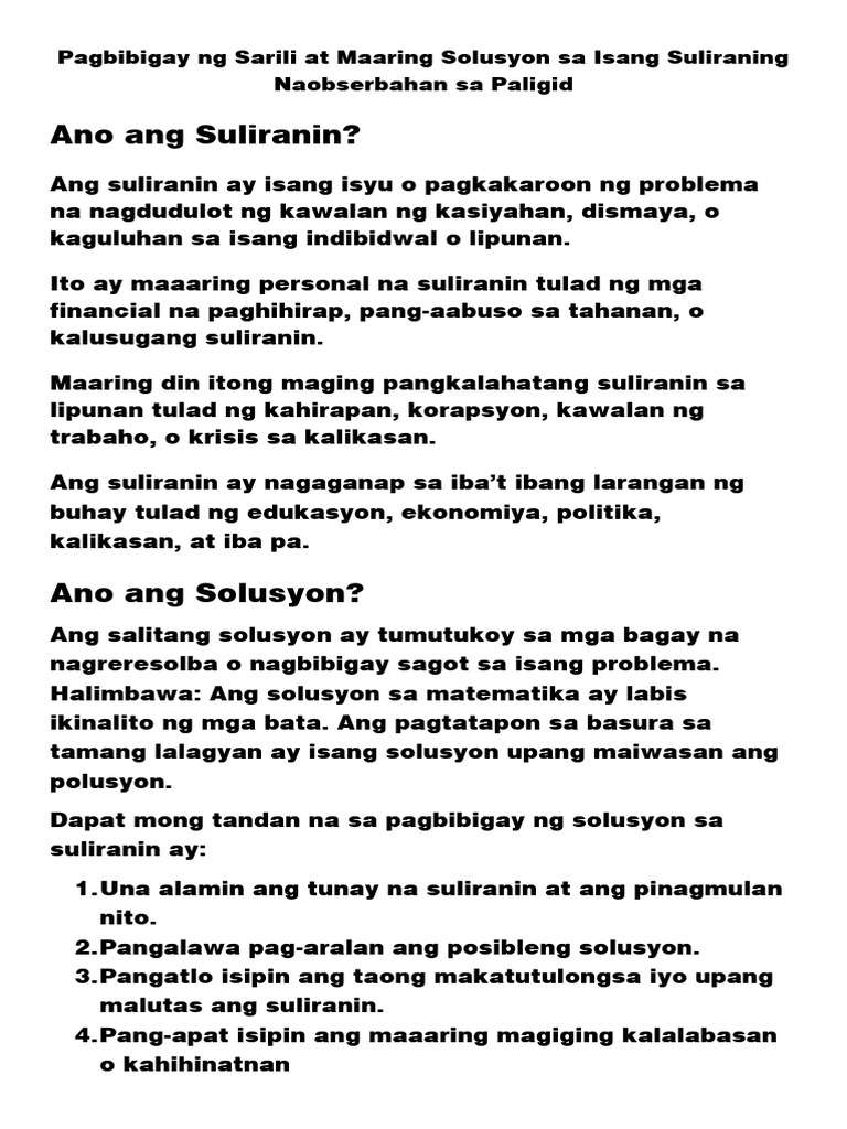 Pagbibigay NG Sarili at Maaring Solusyon Sa Isang Suliraning ...