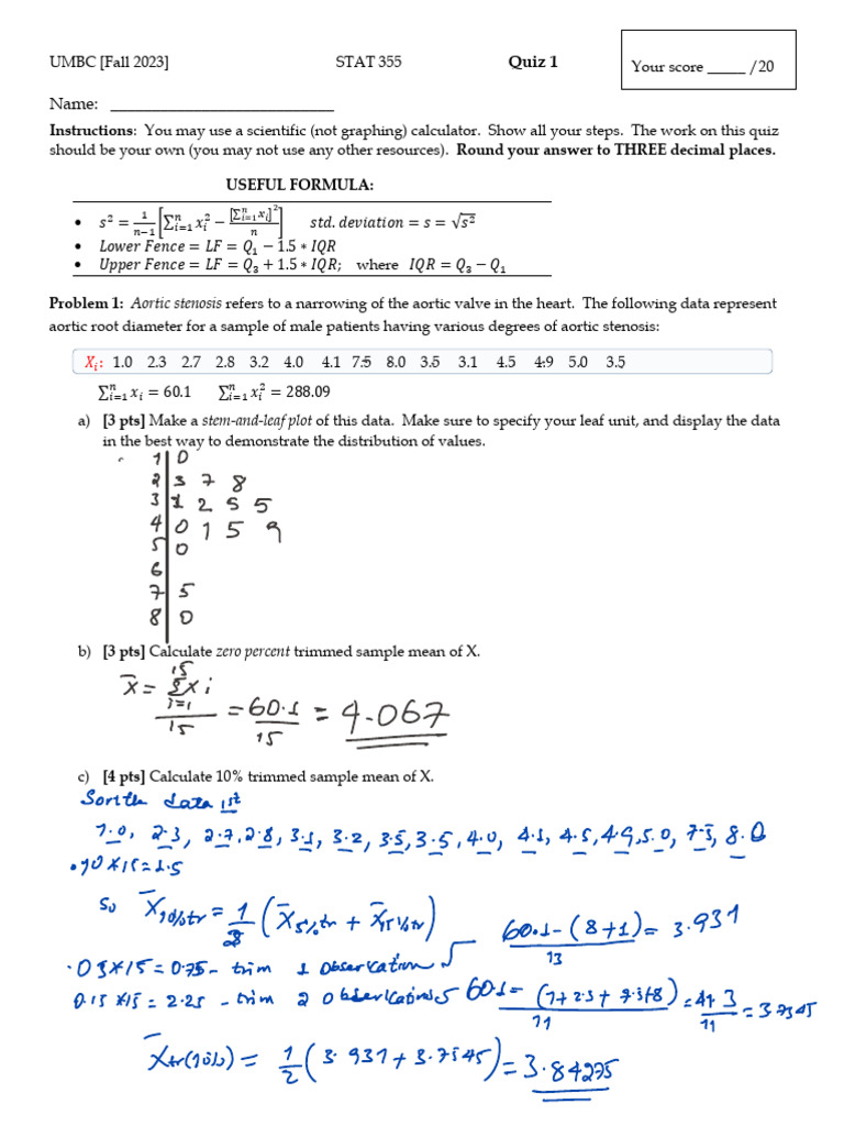 Stat 355 Quiz 1 Answer Key | PDF