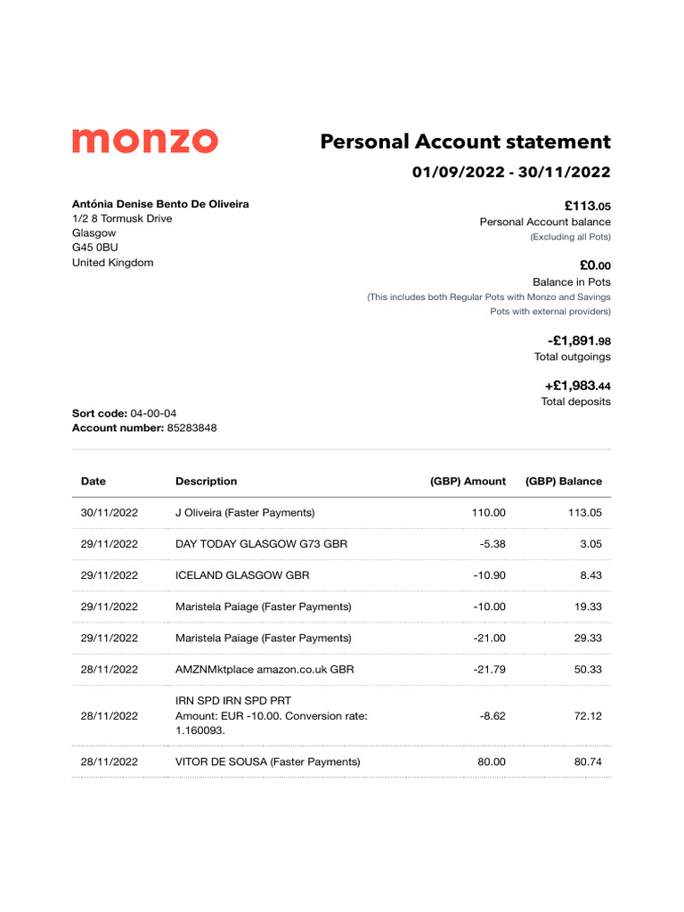 Monzo Bank Statement 2022 09 01-2022 11 30 1364 | PDF
