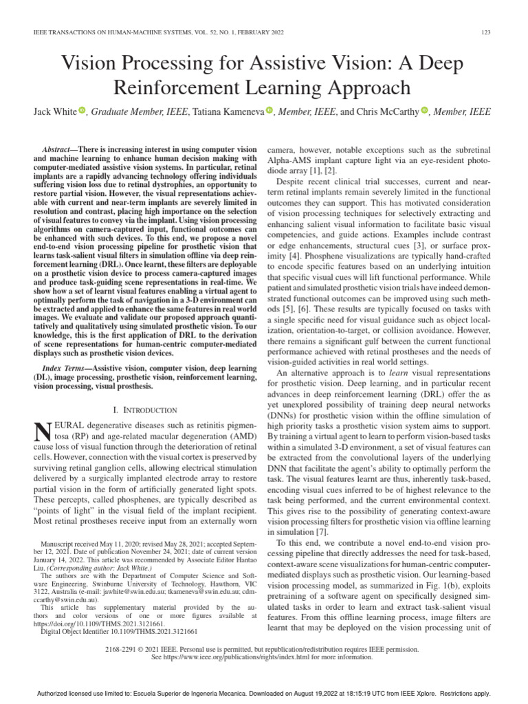 Vision Processing For Assistive Vision A Deep Reinforcement Learning Approach | PDF