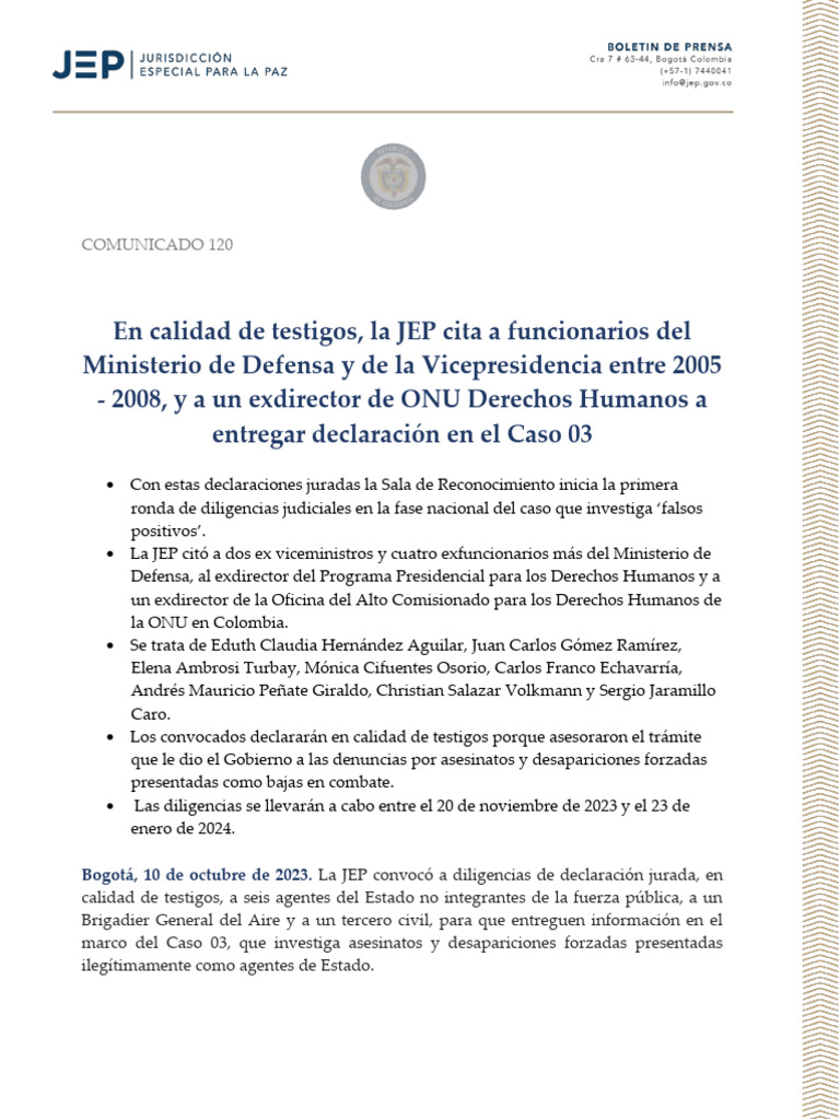 JEP Citó A Excomisionado de Paz, Sergio Jaramillo | PDF